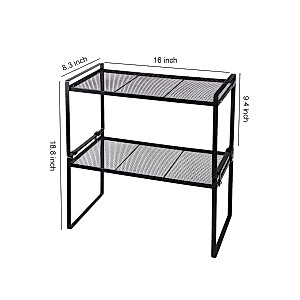Ymeibe 2 Pack Cabinet Shelf Mesh Storage Organizer Stackable Countertop Racks for Kitchen Pantry Cupboard Under Sink Office Table Coated Heavy Duty Metal Frame Nonslip L16 W8.3 H9.5 (Black)