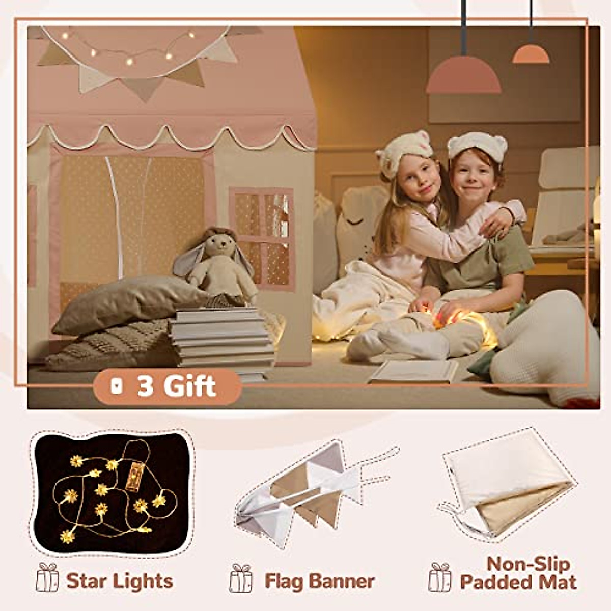 Kids Play Tent with Non-Slip Mat, Star Lights, Decorating Flag, Dots Curtains Playhouse with 4 Windows, Machine Washable, Indoor and Outdoor Play Tent for Kids, Girls, Pink, 47" x 40" x 52"