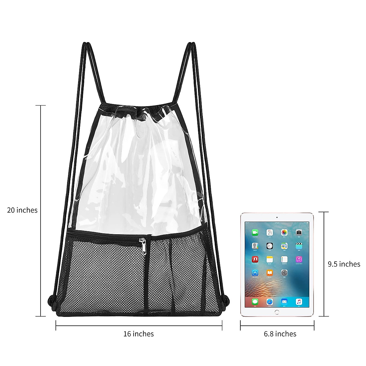 Clear Drawstring Bag Large PVC Drawstring Backpack with Bottle Holder and Front Zipper Mesh Pocket for Sporting Beach Swimming (Black)