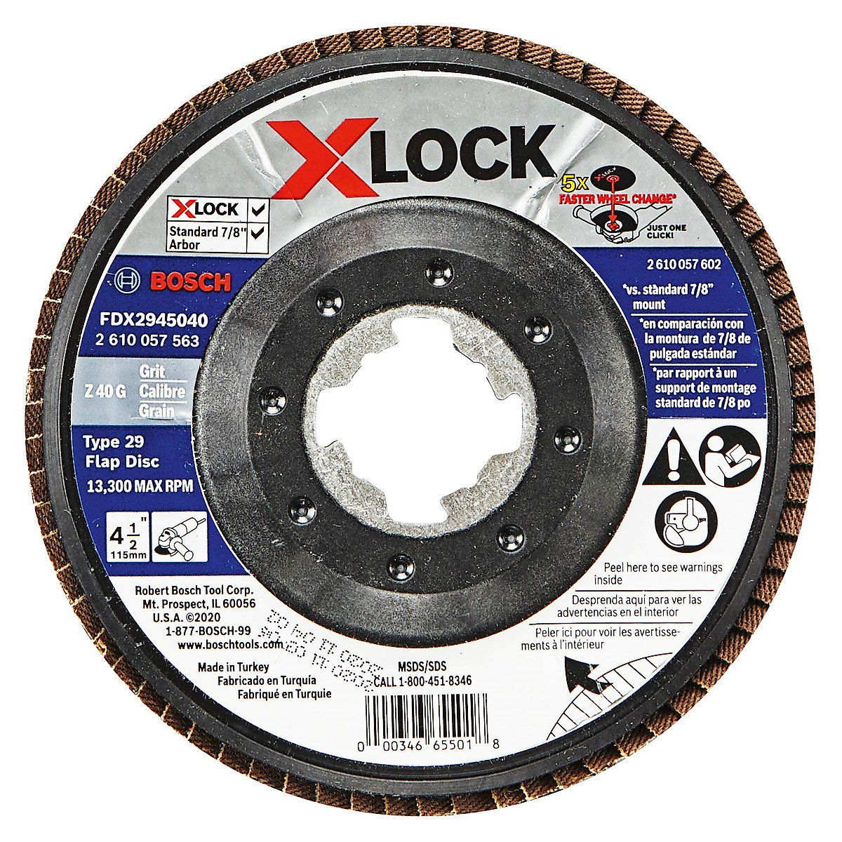 BOSCH FDX2945040 1-Piece 4-1/2 In. X-LOCK Flap Disc 40 Grit Compatible with 7/8 In. Arbor Type 29 for Applications in Metal Blending and Grinding