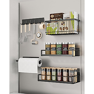 ALLZONE Magnetic Spice Rack for Refrigerator, 5 Pack Fridge Spice Organizer, Strong Magnet Shelf with Wrap Rack and Utensil Hook, Removable Side Fridge Storage Rack for Kitchen