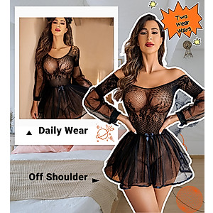 Avidlove Sexy Lingerie for Women Lace Babydoll Lingerie Dress Long Sleeve Lingerie Nightwear Chemise Nightie, Black, L