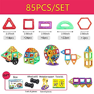 YUHYtop Large Magnetic Tiles, Upgrade 85pcs Magnetic Building Block, Strong Magnet, Magnetic Tiles for Boys & Girls Ferris Wheel Rocket Castle Building for Boys Girls Kids Toddlers