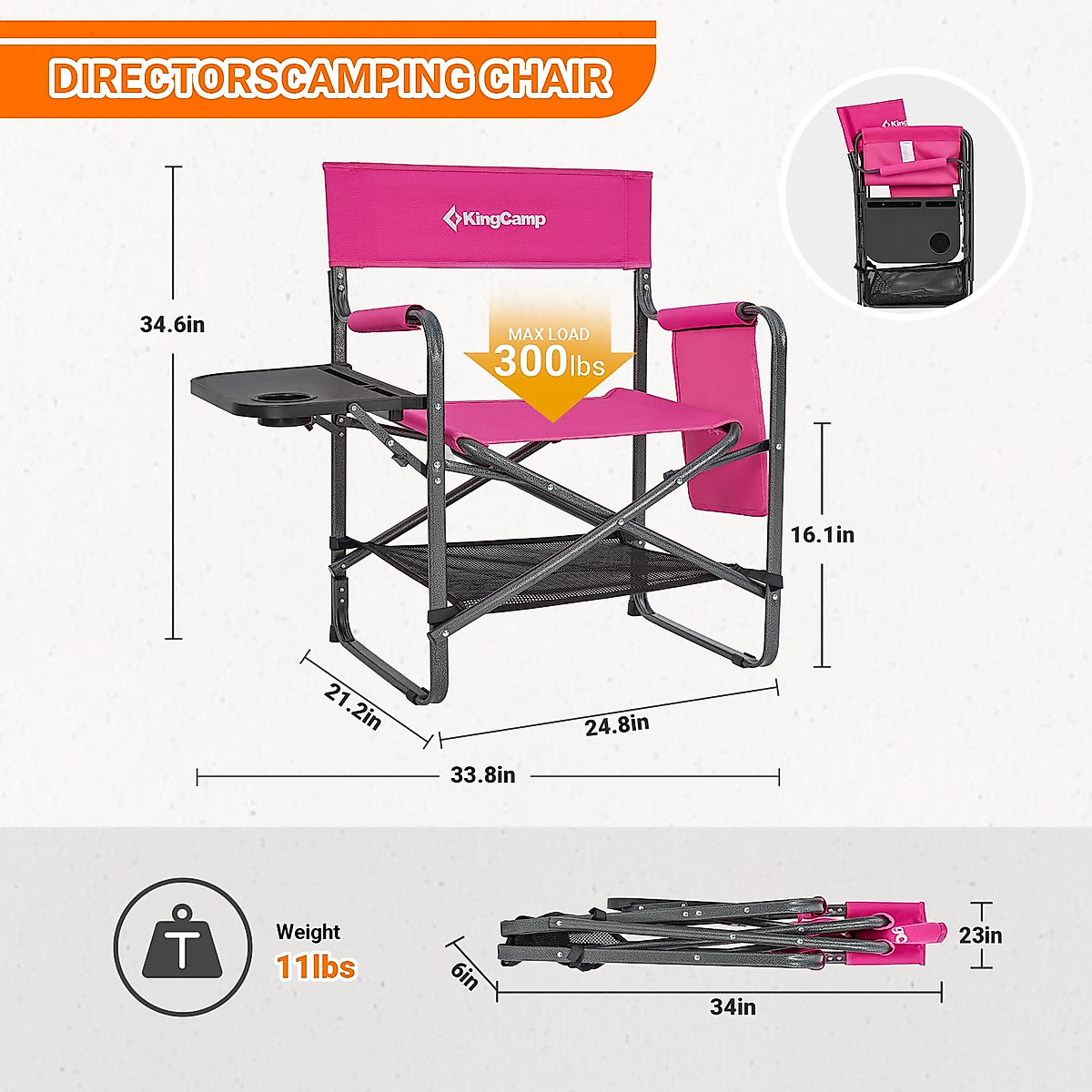 KingCamp Directors Side Table Heavy Duty Support 300LBS Adults with Pockets Outdoor Portable Folding Camp Chair for Beach, Fishing,Trip,Picnic,Lawn,Concert, Oversized, 1-Pink