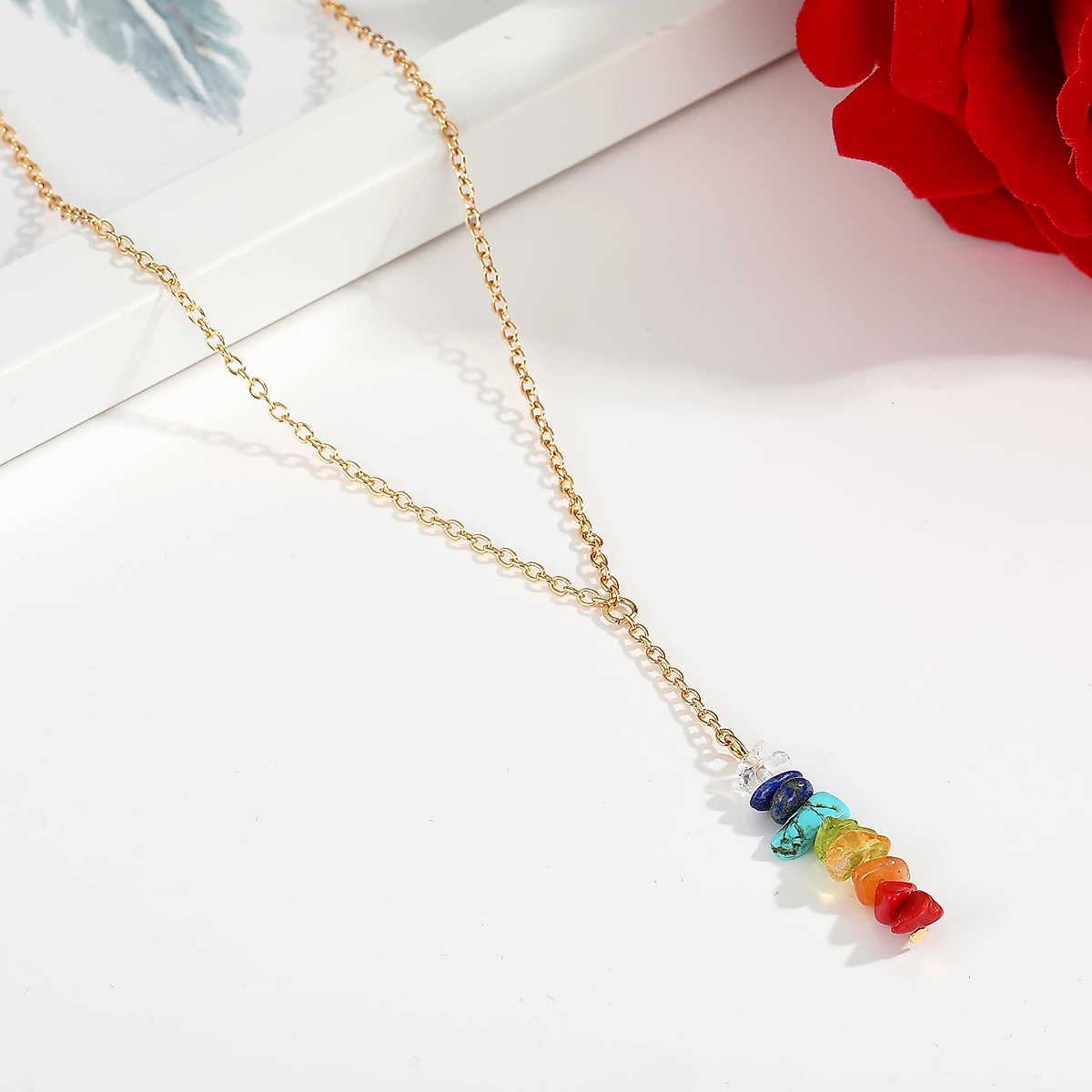 AURA 7 Chakra Bracelet and 7 Chakra Necklace Set - Adjustable Crystals and Healing Stones Bracelets and Necklaces - Natural Spiritual Jewelry for Women, Yoga Meditation Beads, Balancing Energy, Gifts