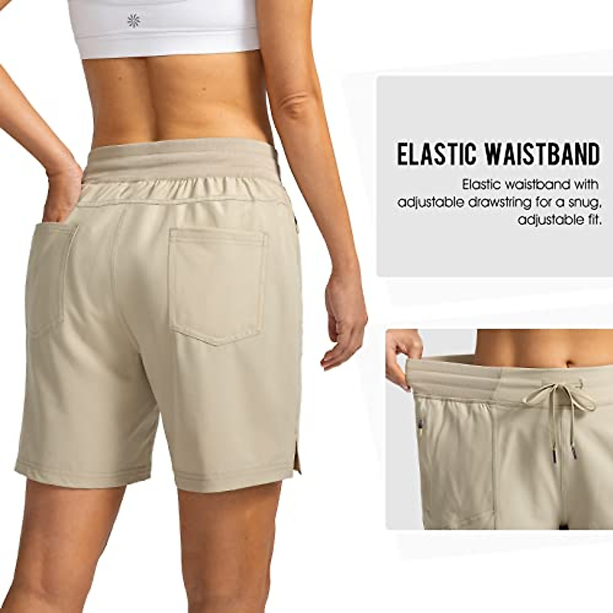 Soothfeel Women's Hiking Cargo Shorts with 4 Pockets 7 Inch Long Quick Dry Athletic Golf Shorts for Women Casual Summer (Khaki, Large)