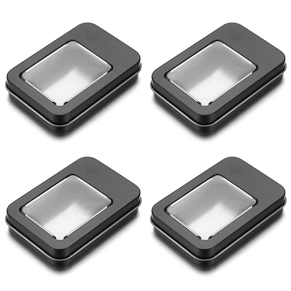 HomeSoGood 4 Pack Metal Tin Can Box Black Rectangular Storage Boxes with Detachable Clear Lid Container for Jewelry Coin Candy Key Earrings Headphones Organizer