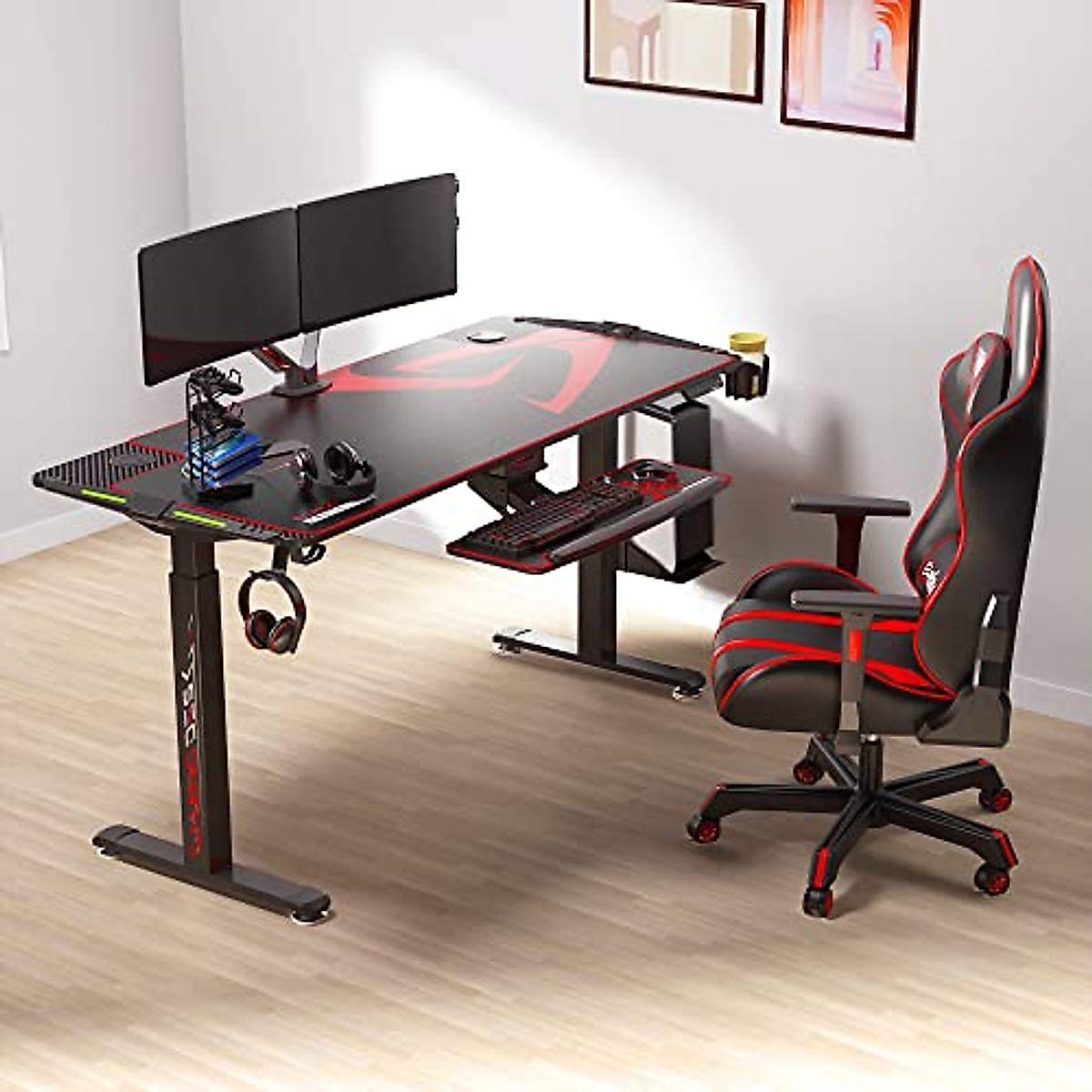 EUREKA ERGONOMIC 65 inch Electric Height Adjustable Gaming Desk Standing Desk, Large Gaming Computer Desk with RGB LED Lights and Extended Gaming Mouse mat for Gaming and Home Office,Black