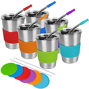 Kids Cups with Straw and Lid Spill Proof, 304 Stainless Steel Drinking Tumbler with Coasters, Unbreakable Water Glasses, BPA-Free Metal Sippy Mug for Toddler , Children, Adult, Travel Cups (6Pack)