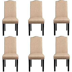 Yaheetech Dining Chairs Set of 6 Upholstered Parsons Chairs, Fabric Dining Room Kitchen Side Chair with Rubber Wood Legs and Nailhead Trim for Living Room, Khaki