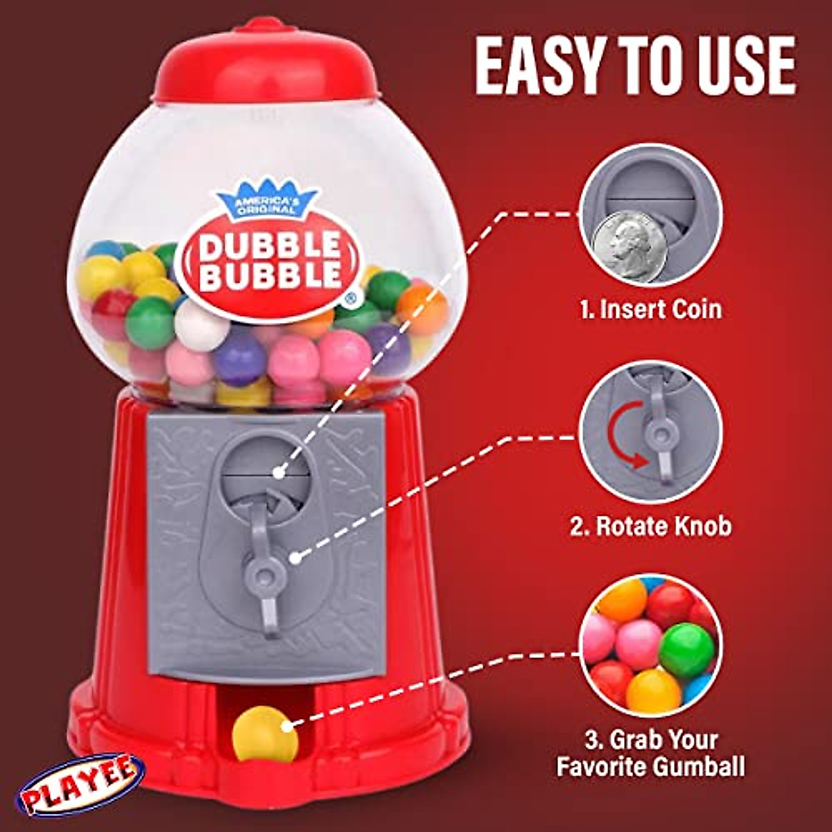 PLAYEE Classic Style Gum Machine – Gumball Machine for Kids – Candy Bank with 45 Colorful Gum Balls – 8.5” Candy Dispenser for Boys and Girls