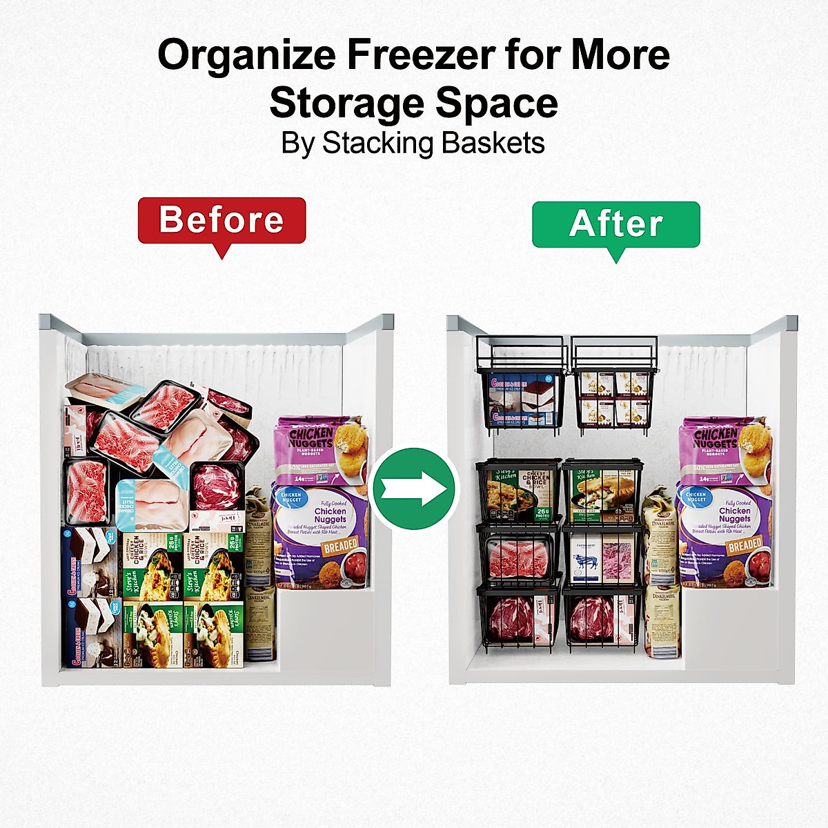 iSPECLE Freezer Organizer Bins - Fit 7 Cu.Ft Chest Freezer, Expand from 15.8" to 18.1" (L) Deep Freezer Organizer Bins, 2 Pack Small Hanging Freezer Baskets for Chest Freezer, Black
