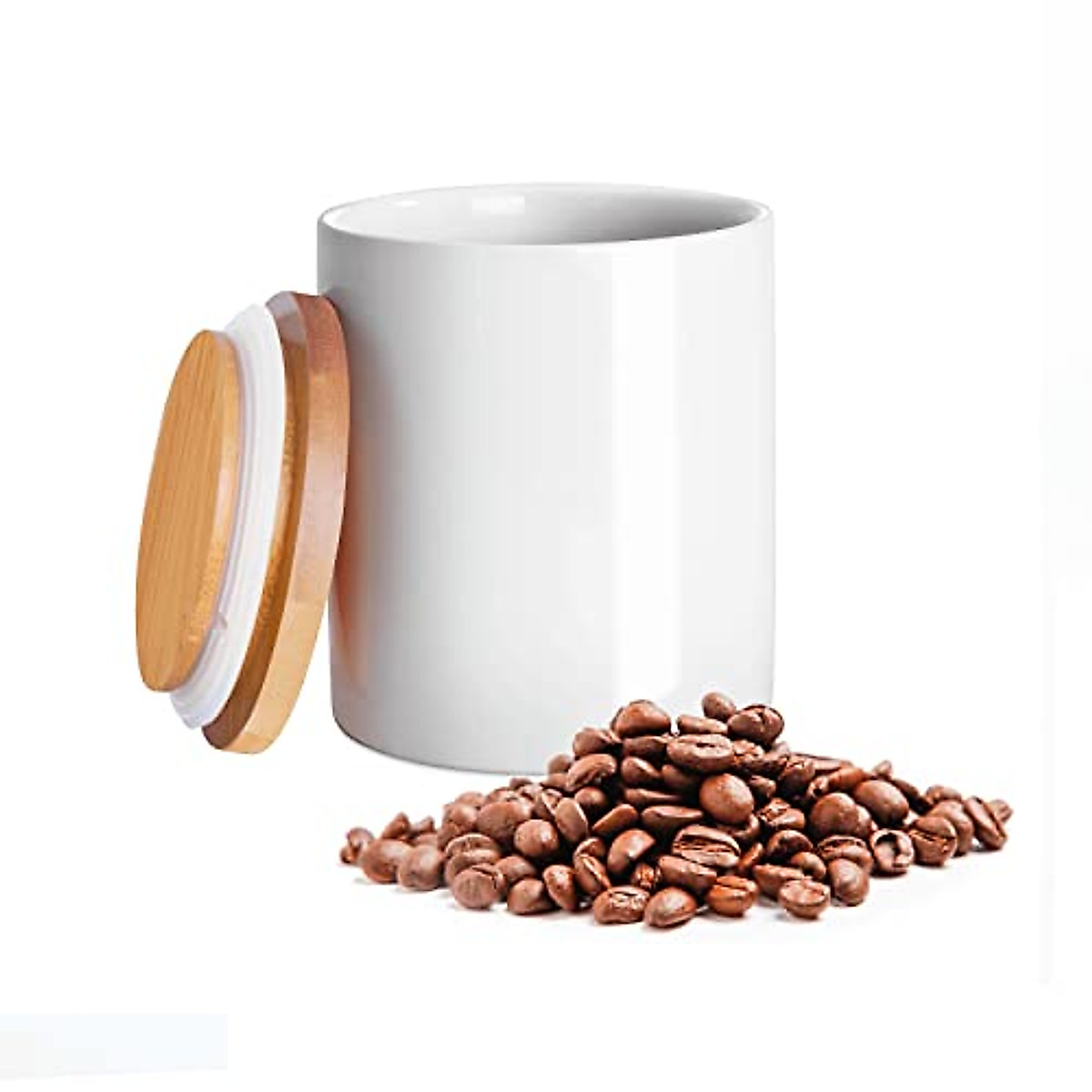 77L Food Storage Jar, 10.13 FL OZ (300 ML), Ceramic Food Storage Jar with Airtight Seal Bamboo Lid - Modern Design White Ceramic Food Storage Canister for Serving Tea, Coffee, Spice and More