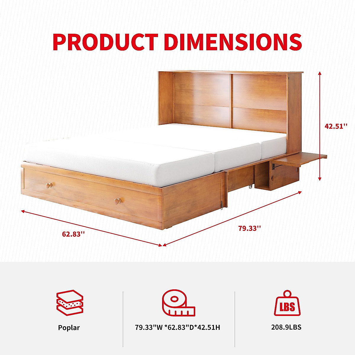 MUZZ Queen Size Cabinet Murphy Bed, Murphy Bed with Foldable Foam Mattress, Space-Saving Cube Murphy Bed with Charging Station and Large Storage Drawer (Cherry)