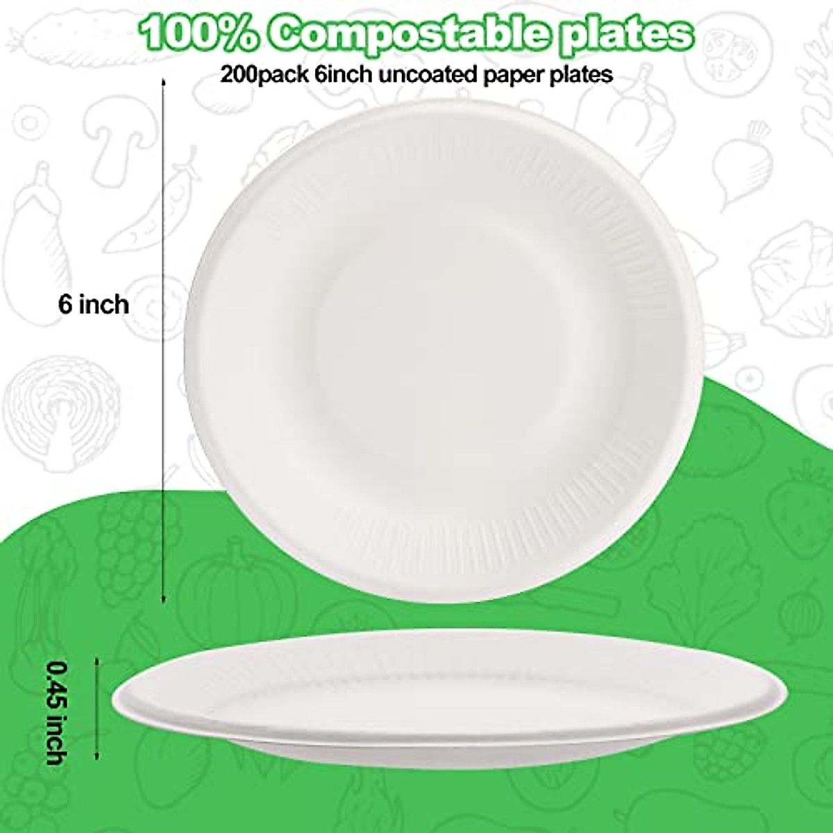 Eco-friendly 200 Pack Disposable Paper Plates, 100% Compostable & Biodegradable, Heavy-Duty Sugarcane Plates for Party, Picnic (6in)