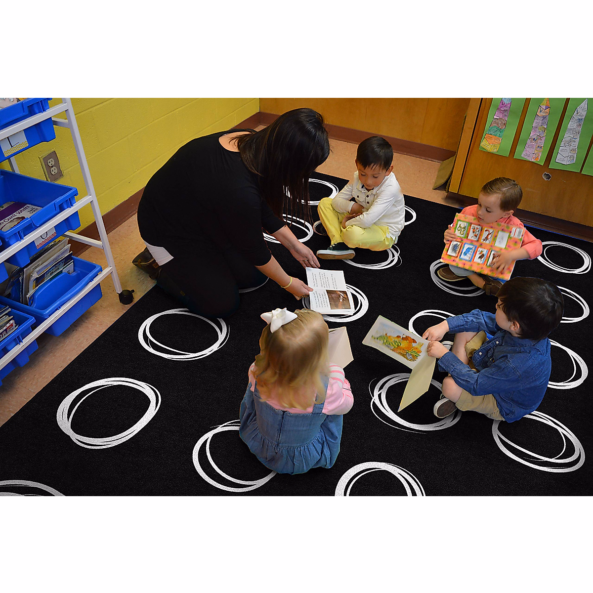 Flagship Carpets Circle Sampler Abstract Educational Area Rug, 7'6" x 12', Black & X-ACTO Pencil Sharpener, School Pro Electric Pencil Sharpener, with Six Size Dial, XL Shavings Bin, Black, 1 Count