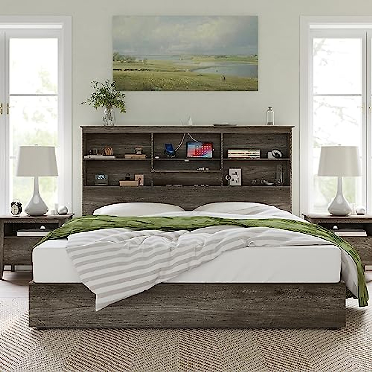AMERLIFE King Size Bed Frame Wooden Platform Bed with 51.2'' Storage Bookcase Headboard, 4 Storage Drawers & Charging Station/No Box Spring Needed/Noise Free/Rustic Grey,WBF-142