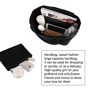 Woven Bag for Women, Vegan Leather Tote Bag Large Summer Beach Travel Handbag and Purse Retro Handmade Shoulder Bag (Black)