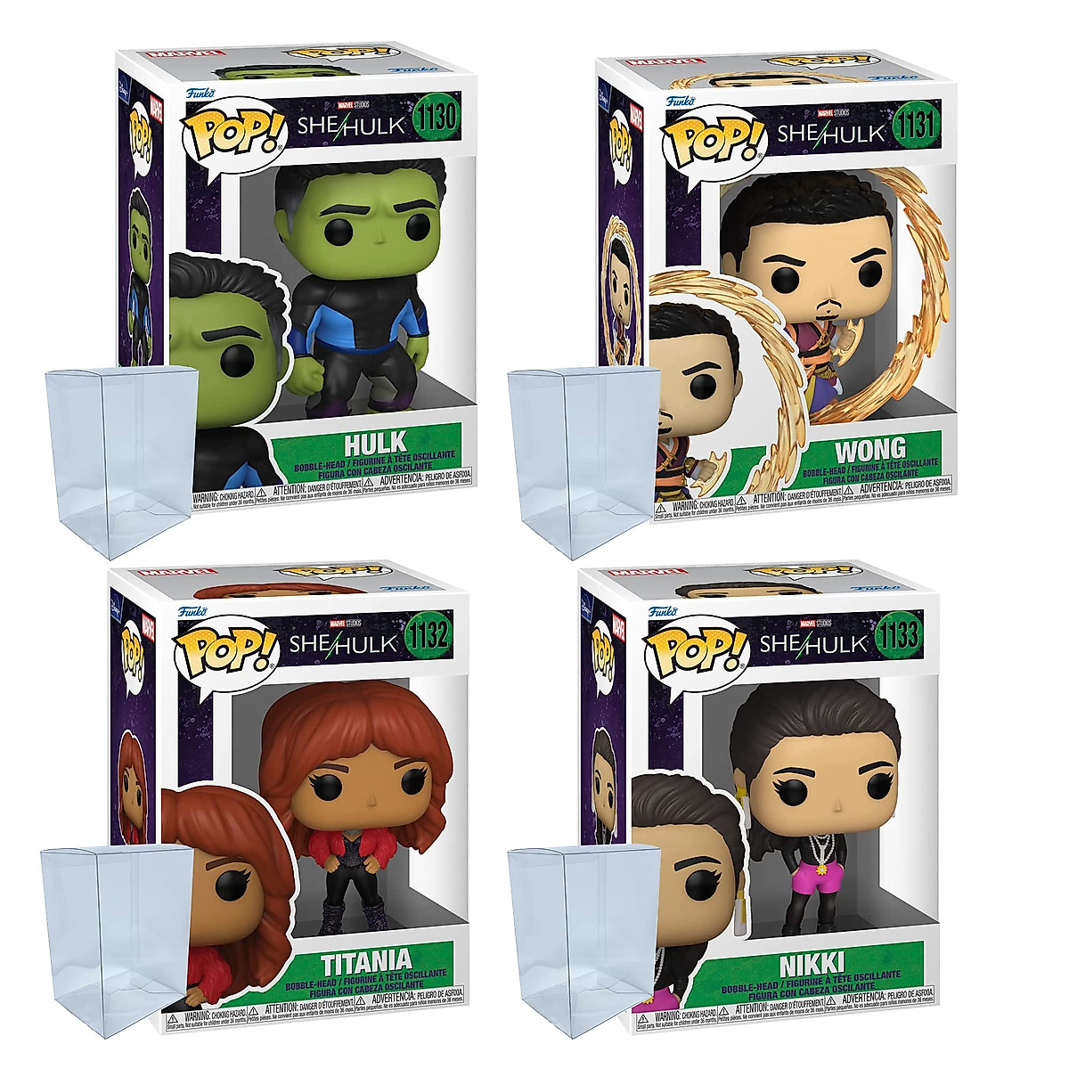 She-Hulk Funko Pop Set of 4 with Protector Bundle - Includes Hulk #1130, Wong #1131, Titania #1132 and Nikki #1133 Vinyl Figures with 4 Blue Salamander Emporium Plastic Protector Cases