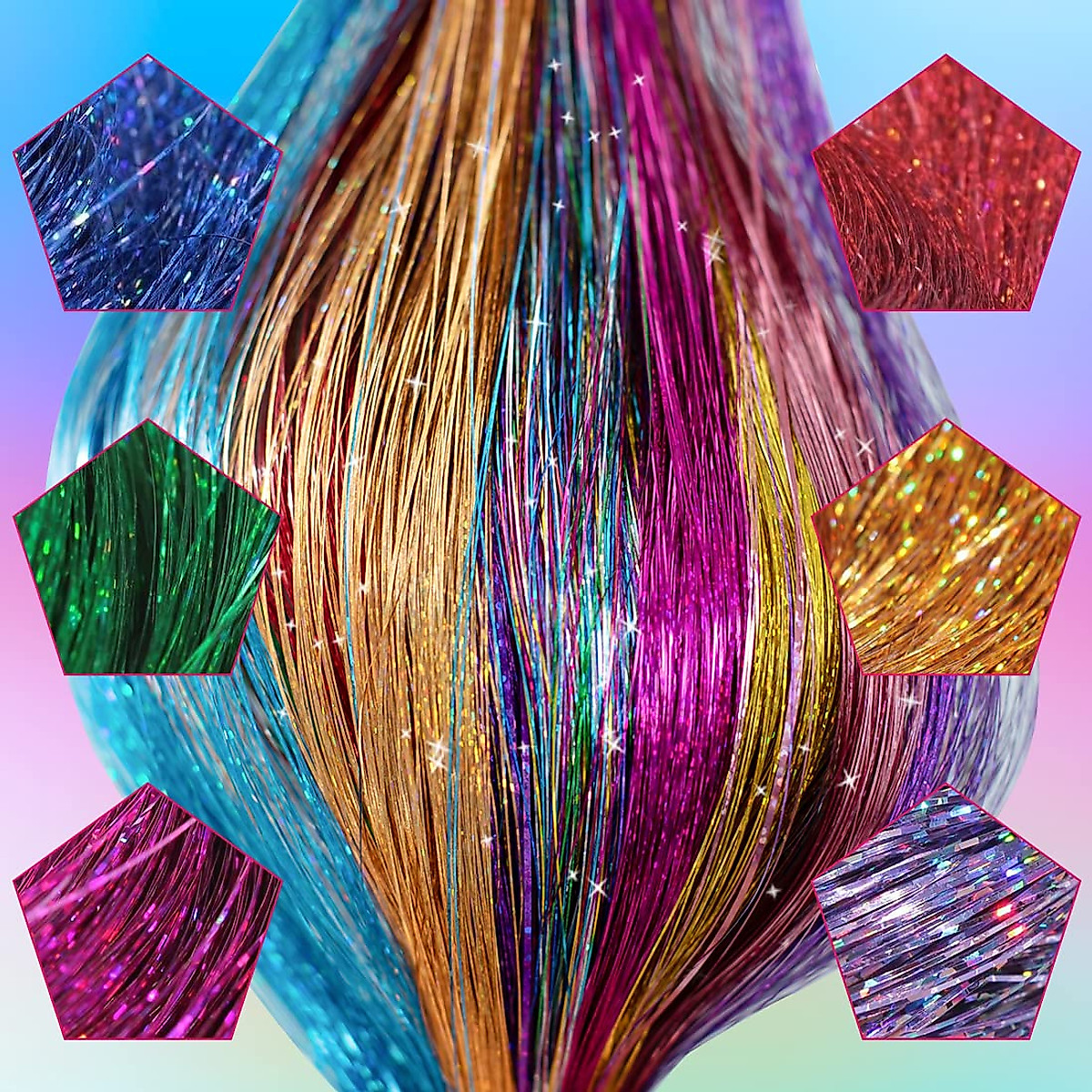 UPTOUP 46 inch Hair Tinsel Kit with Tools 12 Colors 2000 Strands Glitter Sparkling Shiny Hair Extensions Silk Fairy (12 colors)