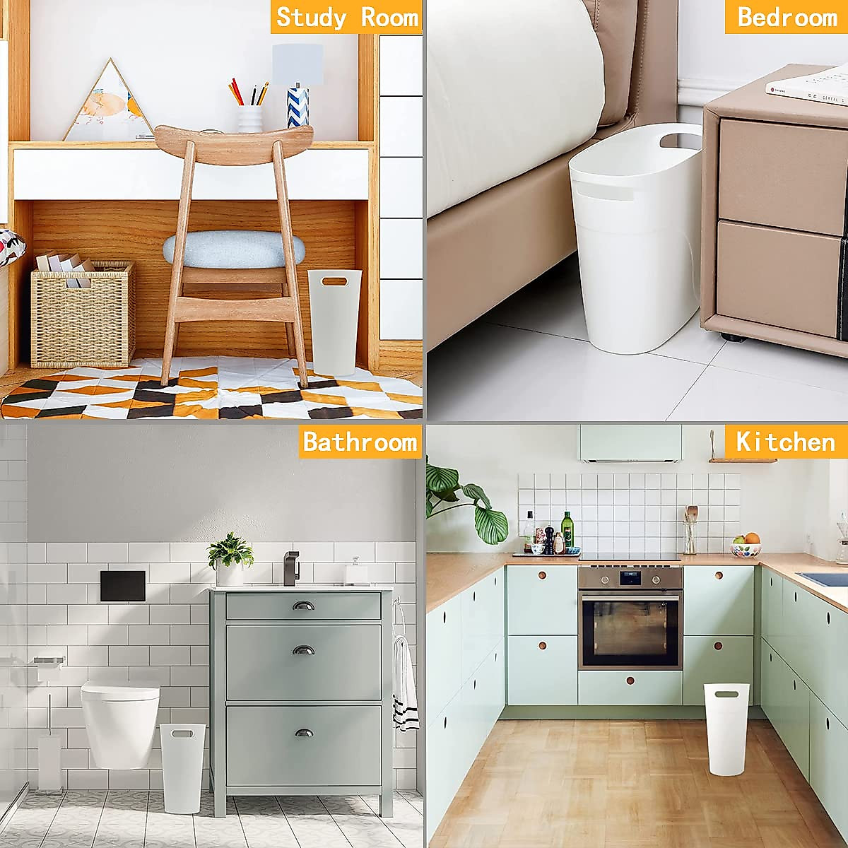 LOSYHU 2 Pack Small Narrow Trash Can with Handles 3.2 Gallon/12 L White Slim Waste Basket Office Narrow Garbage Bin Slim Garbage Container Bin Fits Bathroom, Under Desk, Home