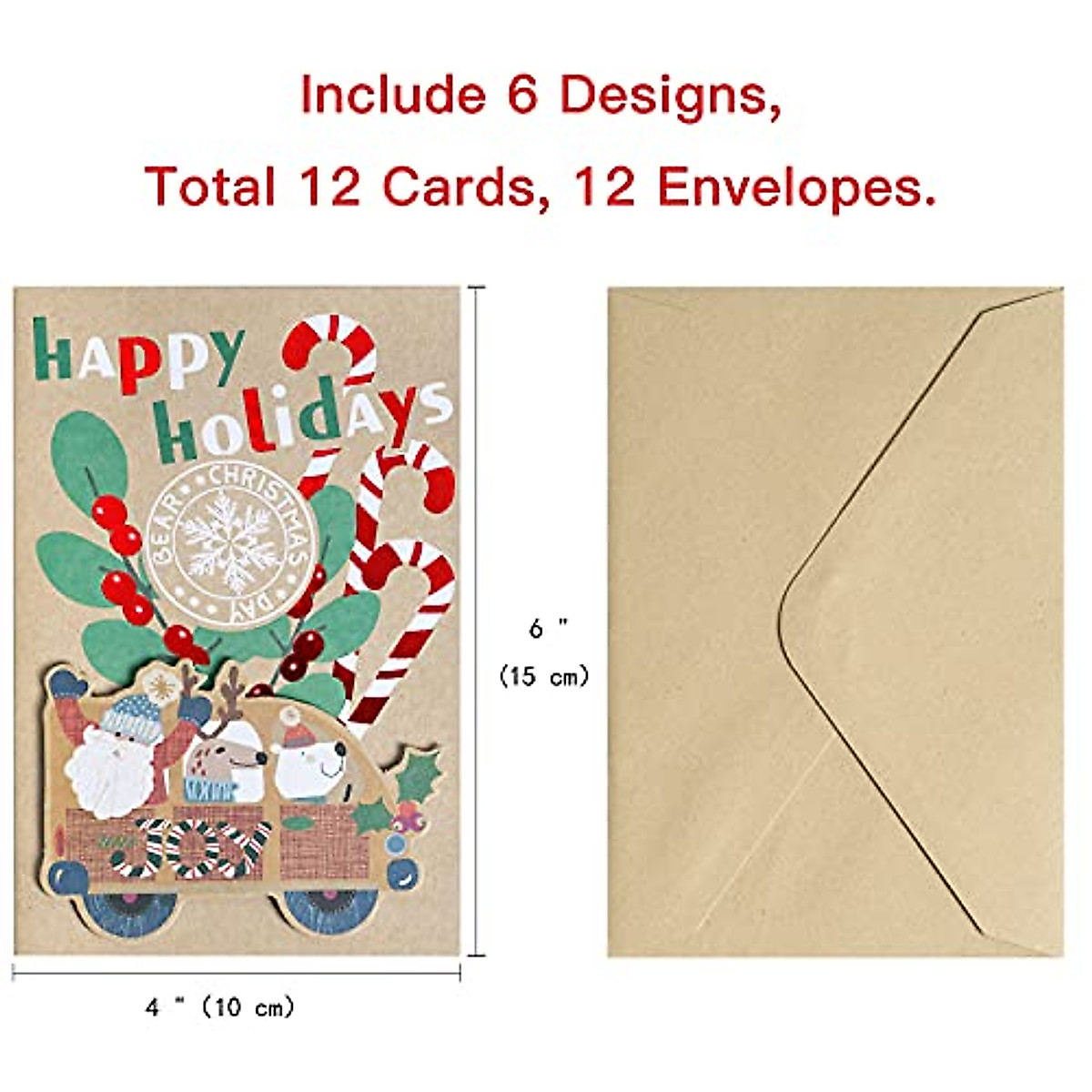 BIOBROWN Greeting Card Santa Claus and Polar Bear with Skateboard Design with 12pcs Envelopes for Holiday - 4x6 inch, 12 pcs (6 designs,2pcs per design)