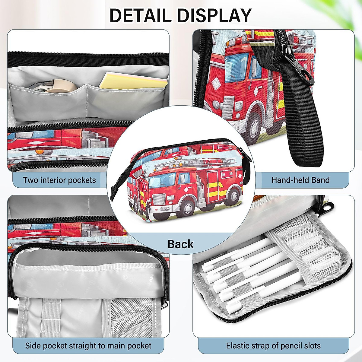 Emelivor Fire Fighting Truck Pencil Case Large Capacity Pencil Pouch Bag with Compartmens Pen Bag Case with Zipper Stationery Bag Pencil Organizer for Office School Teen Girl Boy Adult