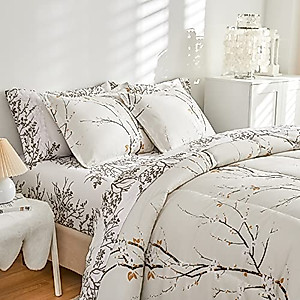 UOZZI BEDDING Cream White Bed in a Bag Twin 6 pc Branch Style All Season Soft Microfiber Reversible Bed Comforter Set (1 Comforter 2 Pillow Shams 1 Flat Sheet 1 Fitted Sheet 1 Pillowcases)
