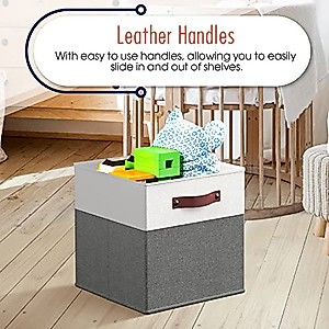 Ornavo Home Foldable Collapsible Storage Box Bins Linen Fabric Shelf Basket Cube Organizer with Leather Handles - Set of 6 - 13 x 13 x 13 - White/Gray