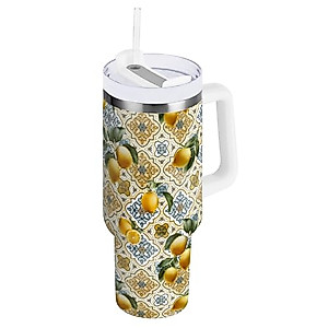 Wfrish Tumbler with Handle and Straw Lid,Vintage Lemons Leaves Patchwork 40 oz Insulated Coffee Cup Stainless Steel Fruit Water Bottle Travel Mug Cupholder Friendly,Gifts for Women Men