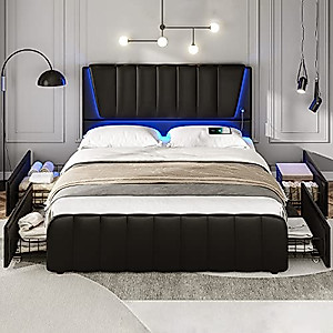 FORABAMB Full Size Bed Frame with LED Lights and USB Ports, Upholstered Platform Bed Frame with Adjustable Headboard and 4 Storage Drawers, No Box Spring Needed,Noise Free, Black