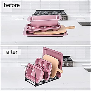 Toplife Adjustable 7+ Lids Organizer Rack + 10+ Bakeware Organizer Rack for Kitchen Cabinet and Counter, Black