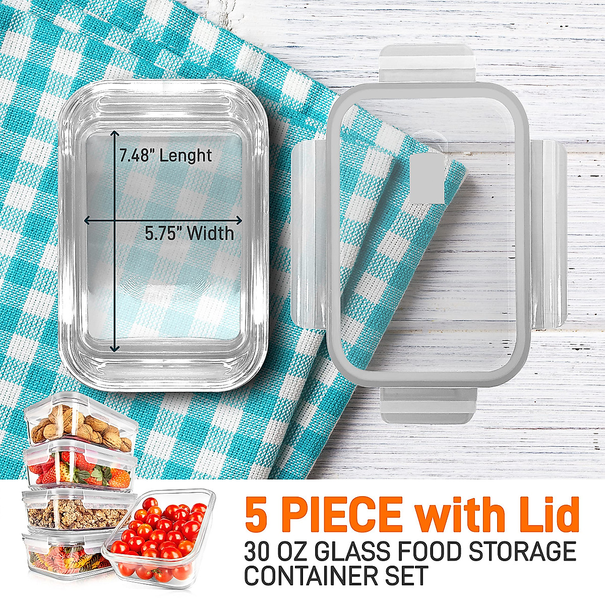 NutriChef 10-Piece Glass Food Containers - Stackable Superior Glass Meal-prep Storage Containers, Newly Innovated Leakproof Locking Lids w/Air Hole, Freezer-to-Oven-Safe (Gray)