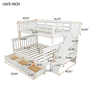 Flieks Twin-Over-Full Bunk Bed with Drawer,4 Storage and Guard Rail, Twin-Over-Full Bunk Bed for Bedroom, Dorm, for Family,Teens,No Box Spring Needed