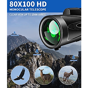 Monocular Telescope 80x100 High Power with Smartphone Adapter Tripod,Larger Vision Monoculars for Adults with BAK4 Prism & FMC Lens, Suitable for Bird Watching Hunting Hiking Camping Wildlife-Black