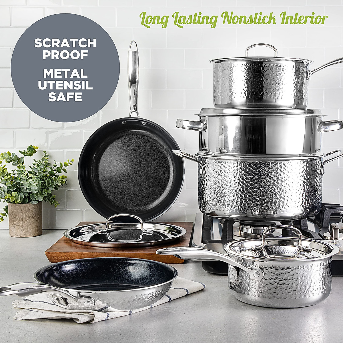 Granitestone Stainless Steel Pots and Pans Set Nonstick, 10 Pc Ceramic Kitchen Cookware Set, Induction Capable, Long Lasting Nonstick, Hammered Design, Cool Handles, Dishwasher Safe, 100% Toxin Free