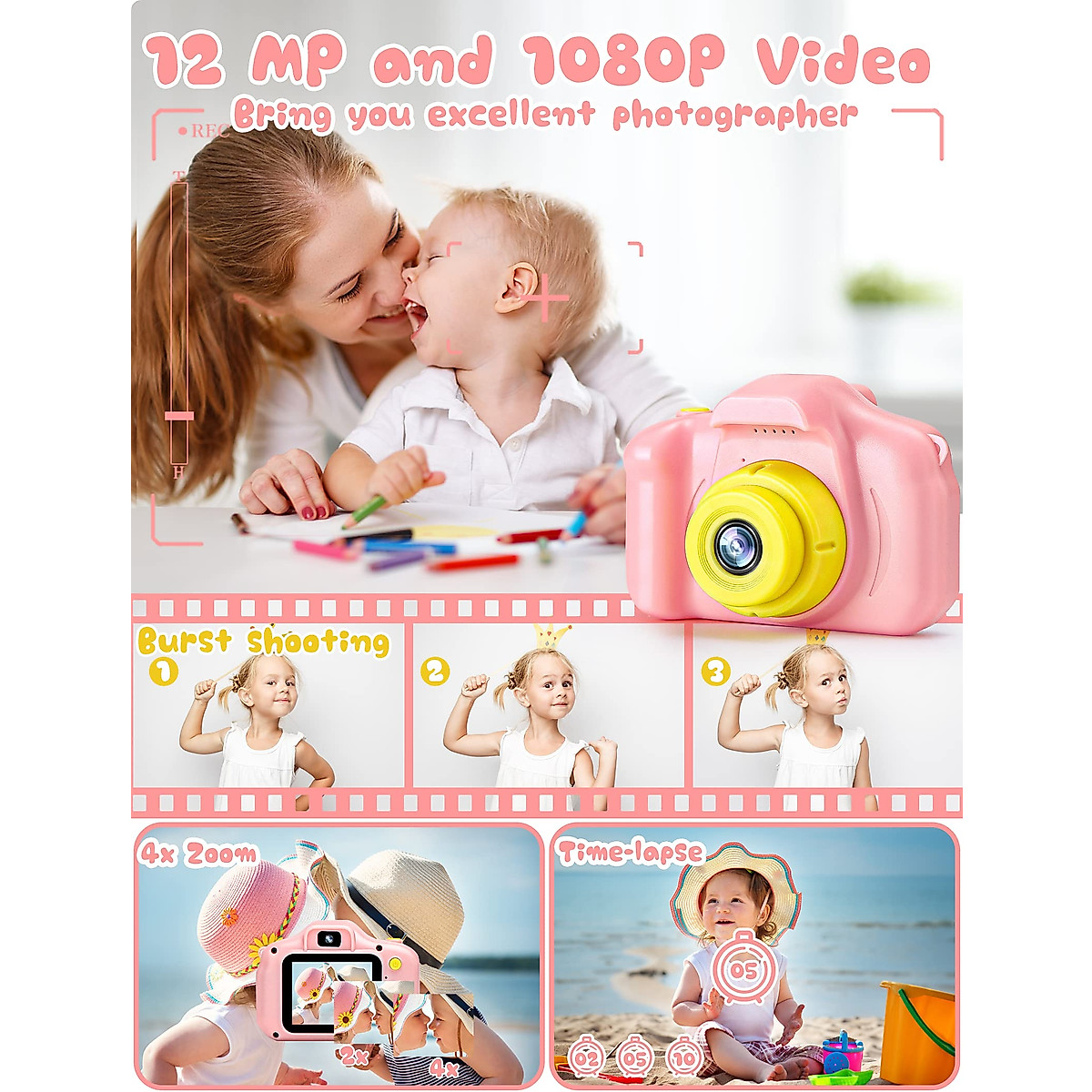 Miiulodi Kids Selfie Camera Children Digital Cameras for Kids Birthday 3-9 Year Old Girls Outdoor Toys Child Video Record for Toddler Age 3 4 5 6 7 8 9 Years Old Girl with 32GB
