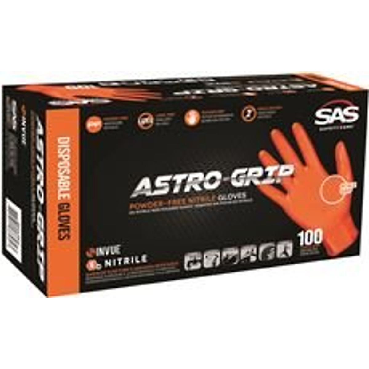 SAS SAFETY 66574 ASTRO-GRIP DISPOSABLE POWDER-FREE NITRILE GLOVES, EXTRA-LARGE, ORANGE, 7 MIL, 100 GLOVES PER BOX (2 BOXES PER CASE)