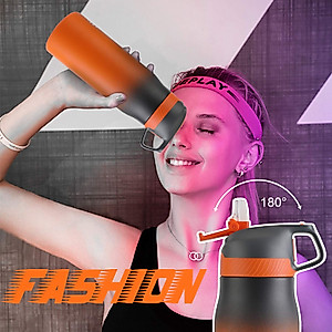 FJ bottle Sports Water Bottles, 25 oz Double Wall Vacuum Insulated Stainless Steel Bottle Keeps Hot and Cold, with Cleaning Brush, Straw Lid, Good for Camping, Travel, Hiking, Volcano Orange