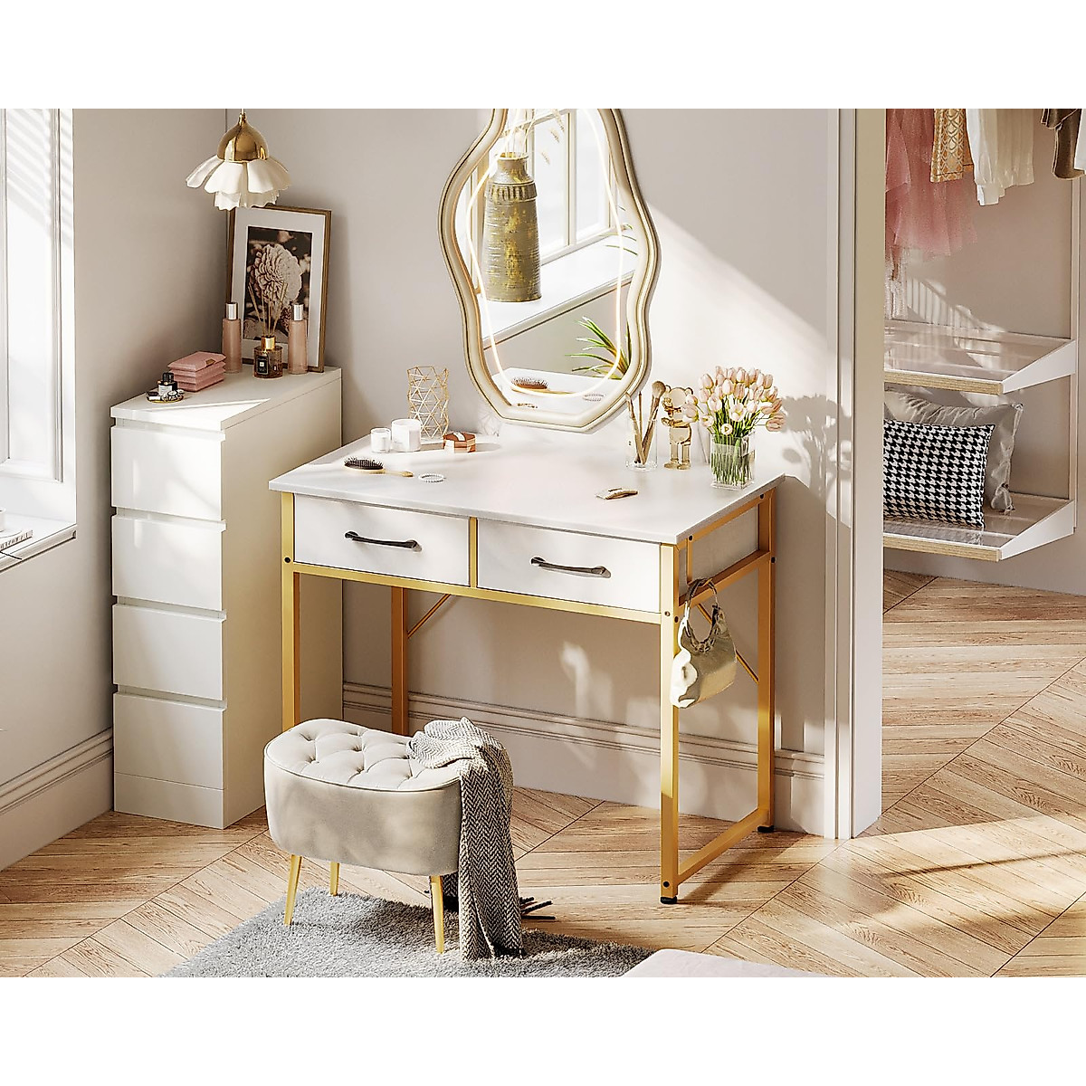 ODK Vanity Desk Without Mirror, Makeup Vanity with 2 Fabirc Drawers, White Vanity Dressing Vanity Table with Versatile Hook, 32 Inch Small Vanity for Bedroom, Desk Make Up for Girls, White and Gold