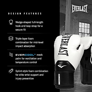 Everlast Elite 2 Boxing Gloves, Pro Training Gloves for Men and Women, Secure Fit Hook and Loop Closure & Ventilation, Heavy Bag & Speedbag Training (16 oz, Black/Gold)