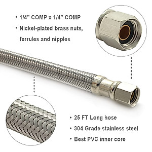 Ice Maker Hose 25 FT, Stainless Steel Braided Refrigerator Ice Maker Connector Water Supply Line with 1/4" Comp by 1/4" Comp Connection