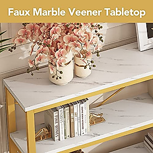 LITTLE TREE 70'' Narrow Long Sofa Console Table with 3-Tier Storage Shelf for Living Room, Faux Marble White & Gold