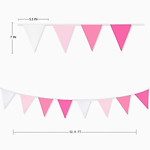 32Ft Rose Hot Pink Pennant Banner Fabric Triangle Flag Cotton Bunting Garland Kit for Wedding Birthday Baby Shower Anniversary Party Home Nursery Outdoor Garden Hanging Festivals Decoration (36Pcs)