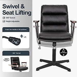 Okeysen Office Desk Chair No Wheels, PU Padded Criss Cross Chair with Wooden Armrests, Ergonomic Mid Back Adjustable Computer Chair, Cute Armless Swivel Task Vanity Accent Chair for Home Office, Black