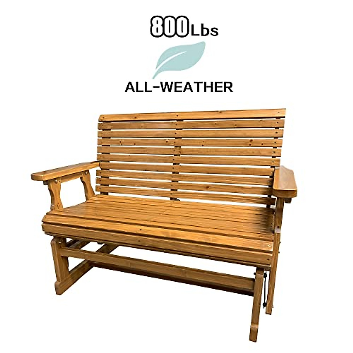 Wooden Patio Glider with High Roll Back and Deep Contoured Seat, Solid Fir Wood, 2-Seater, Heavy Duty 800 LBS, 4 Feet