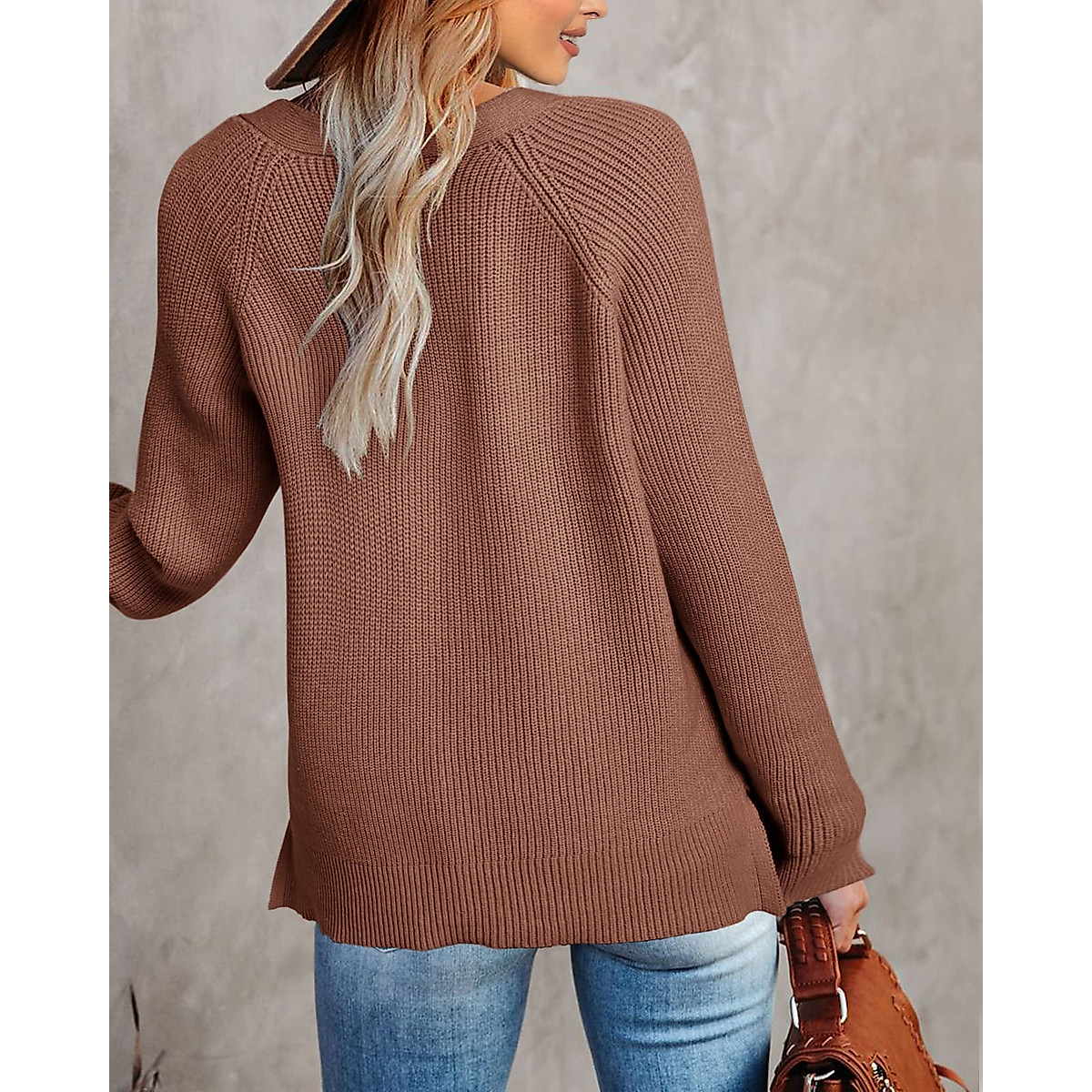 Womens Sweaters Long Sleeve V Neck Button Down Ribbed Knit Sweater Casual Relaxed Fit Pullover Jumper Tops Brown