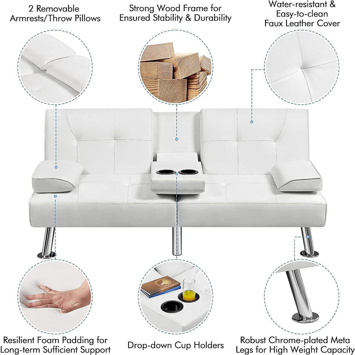 Convertible Folding Futon Sofa Bed with Metal Legs & 2 Cupholders, Modern Fabric Linen Upholstered Couch Loveseat Sleeper, Folding Couches Bed, Removable Armrests for for Small Spaces (White)