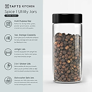 Tafts ROUND Glass Spice Jars & Bottles l 33% Thicker - 12 Pcs Glass Spice - 3 oz or 4oz Empty Glass Spice Seasoning Containers l Shaker Lids and Airtight Caps l Aluminum Finish (Round, Black)