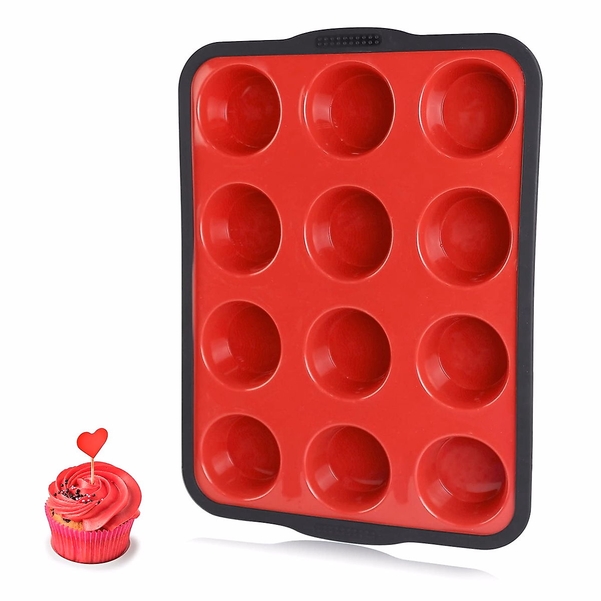 Aichoof Non-Stick Silicone Muffin Pan With Reinforced Stainless Steel Frame Inside,12 Cup Regular Muffin Baking Mold, 12 Cup Muffin Tin, BPA Free,Dishwasher Safe, Red